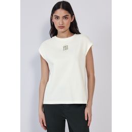 T-Shirt STREET ONE STUDIO, Damen, Gr. 44, wei&szlig; (sanftes wei&szlig;), Web, 95% Baumwolle, 5% Elasthan, unifarben, normal normal, Rundhals, Umschlagbund, Shirts T-Shirt, mit leichten Raffungen an den Seiten