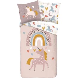 Kinderbettw&auml;sche Good Morning "Unilove", rosa, B/L: 135cm x 200cm, 1 Stk., 1 Stk., Renforc&eacute;, B/L: 80cm x 80cm, 2 Stk., Renforc&eacute;, Obermaterial: 100% Baumwolle, Bettw&auml;sche, Baumwolle, 135x200, Rei&szlig;verschluss, Wende, Kind M&auml;dchen, Einhorn, Rosa