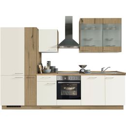 K&uuml;chenzeile KOCHSTATION "KS-Trea", wahlweise mit E-Ger&auml;ten, h&ouml;henverstellbare F&uuml;&szlig;e", wei&szlig; (k&uuml;che: natur, korpus: asteiche nachbildung, arbeitsplatte: asteiche nachbildung), B:310cm T:60cm, Komplettk&uuml;chen-Sets, K&uuml;chenzeile, vormontiert, mit Vollauszug und Soft-Close-Funktion, Breite 310 cm