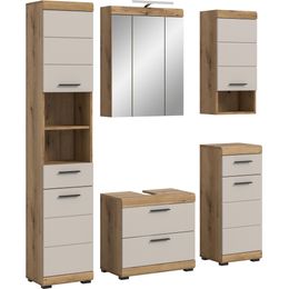 Badm&ouml;bel-Set Welltime "SIENA, 5 teilig, inklusive LED Beleuchtung, bestehend aus:", evoke oak nachbildung, kaschmir matt, B:164cm H:191cm T:34cm, Holzwerkstoff, MDF, Kastenm&ouml;bel-Sets, Badm&ouml;bel-Set, Hochschrank, WBU, Spiegelschrank, Unterschrank, H&auml;ngeschrank