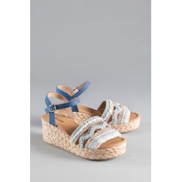 Keilsandalette ANISTON SHOES, Damen, Gr. 38, blau (blau, kombiniert), Lederimitat, Schuhe, Sandale, Sommerschuh, Pailletten, mit Bastbesatz