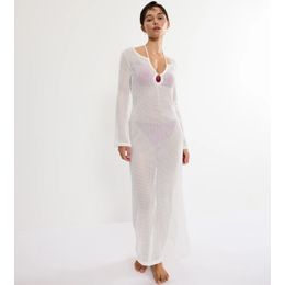 Strandkleid Triumph "Beach MyWear Crochet Long Dress LSL", Damen, Gr. 44, N-Gr, silk wei&szlig;, Strick, Obermaterial: 95% Polyester, 5% Elasthan, Kleider Strandkleid, weiches H&auml;keldesign