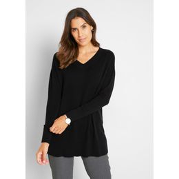 Longpullover bonprix "Long-Pullover", Damen, Gr. 40/42 (M), schwarz, Feinripp, Obermaterial: 70% Baumwolle, 30% Polyamid, unifarben, loose fit Po-bedeckend, V-Ausschnitt, Strickb&uuml;ndchen, Pullover Longpullover, Feinstrick-Baumwollmischung, mit V-Ausschnitt, mit Seitenschlitzen