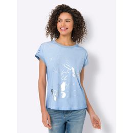 Rundhalsshirt Heine "Shirt", Damen, Gr. 50, blau (eisblau), 50% Baumwolle, 50% Viskose, Spitze:77% Baumwolle, 23% Polyamid, gemustert, Rundhals, Shirts Rundhalsshirt