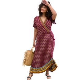 sheego Damen Druckkleid in Wickeloptik bordeaux-burgund-bedruckt Gr&ouml;&szlig;e 50