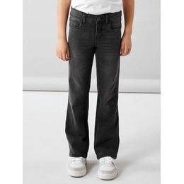 Bootcut-Jeans name it "NKFPOLLY SKINNY BOOT JEANS 1142-AU NOOS", M&auml;dchen, Gr. 122, N-Gr, blau (dunkelgrau denim), Denim/Jeans, Obermaterial: 69% Baumwolle, 25% Polyester, 3% Elasthan, 3% Viskose, leichte Abriebeffekte, skinny fit kn&ouml;chellang, Jeans, mit Stretch