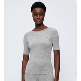 T-Shirt Triumph "Beauty Layers SSL Top Wool", Damen, Gr. L, grau (medium grau melange), Single Jersey, Obermaterial: 100% Wolle, h&uuml;ftlang, Rundhals, Shirts T-Shirt, weiche Wolle, Rundhalsausschnitt, w&auml;rmend
