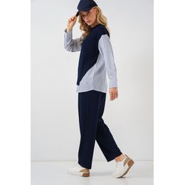 Gestreiftes Langarm Crew Neck Zweiteiliges Set