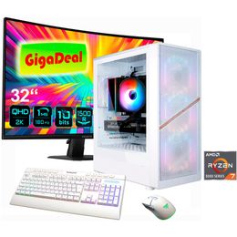GAMEMAX Gaming-PC-Komplettsystem "GigaDeal AERIS MW 2807 AMD Ryzen 7 5700X 32GB 1TB SSD RTX 5070", Energieeffizienz: G (A-G), wei&szlig;, Microsoft Windows 11 Home (64 Bit), 32 GB RAM 1.000 GB SSD, Computer_Komplettsysteme, Windows 11 + Gigabyte GS32QCA LED-Monitor Curved, 80 cm 32"