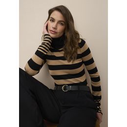 Rollkragenpullover Tamaris "mit figurbetonter Passform, aus angenehmer Viskosemischung", Damen, Gr. 38, braun (schwarz, camelfarben, gestreift), Feinstrick, Obermaterial: 70% Viskose, 30% Polyamid, Pullover Rollkragenpullover, im l&auml;ssigen Streifendesign