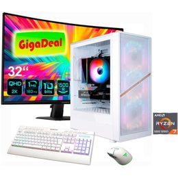 GAMEMAX Gaming-PC-Komplettsystem "GigaDeal AERIS MW 2806 AMD Ryzen 7 5700X 32GB 1TB SSD RTX 5060Ti", Energieeffizienz: G (A-G), wei&szlig;, Microsoft Windows 11 Home (64 Bit), 32 GB RAM 1.000 GB SSD, Computer_Komplettsysteme, Windows 11 + Gigabyte GS32QCA LED-Monitor Curved, 80 cm 32"