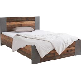 Bett FORTE "Clif, Jugendbett, Belastbarkeit 120 KG, Schubkasten optional", grau (betonoptik dunkelgrau, old vintage wood), B:145cm L:205cm, Betten, Bettgestell, Industrial Design