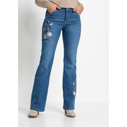 Schlagjeans bonprix, Damen, Gr. 44, N-Gr, blau (blau denim gebl&uuml;mt), Obermaterial: 82% Baumwolle, 17% Polyester, 1% Elasthan, regular fit, Jeans, Regular Fit, aus Baumwolle, Polyester und Elasthan