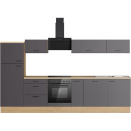 K&uuml;chenzeile KOCHSTATION "KS-Sion", k&uuml;che: grau, korpus: eichefarben, arbeitsplatte: eichefarben hell, B:330cm H:186cm T:60cm, Komplettk&uuml;chen-Sets, K&uuml;chenzeile, Breite 330 cm, neue Technik: OPTIsnap, wahlweise mit E-Ger&auml;ten