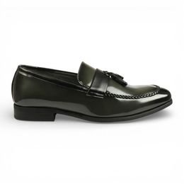 Herren-Loafer aus olivgr&uuml;nem, hochgl&auml;nzendem Lackleder mit Quasten