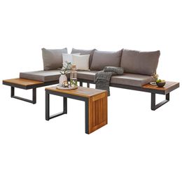 Amatio Basic Loungegarnitur, Anthrazit, Akazie, Hellgrau, Holz, Metall, Textil, Akazie, massiv, F&uuml;llung: Schaumstoff, L-Form, links montierbar, rechts montierbar, 253x183 cm, Fsc, Loungem&ouml;bel, Gartenlounge-Sets