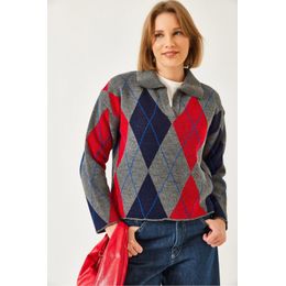 Geometrisches Muster Polo Kragen Strickpullover