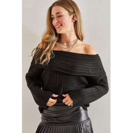 Schulterfreier gerippter Strickpullover