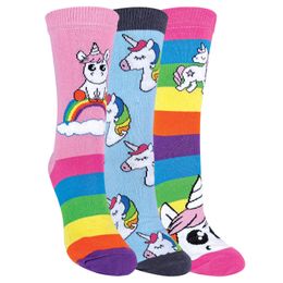 Damen gestreifte Regenbogen Einhorn Socken | 3 Paare | Socken Snob
