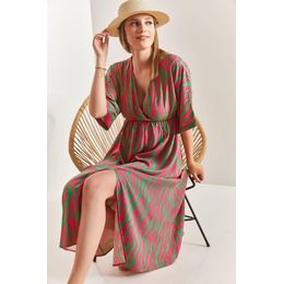 Bedrucktes V-Ausschnitt-Midi-Kleid mit Schlitz