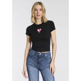 T-Shirt Hugo "Dever", Damen, Gr. XL (42), schwarz 001, Single Jersey, Obermaterial: 100% Baumwolle, bedruckt, unifarben, slim fit taillenbedeckt, Rundhals, abgesteppte Kante, Shirts T-Shirt, im Slim Fit, Rundhals