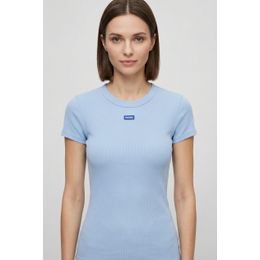 T-Shirt Hugo "Easy Tee", Damen, Gr. L (40), blau (open blau 477), Rippstrick, Obermaterial: 96% Baumwolle, 4% Elasthan, unifarben, slim fit normal, Rundhals, eng eingefasste Kante, Shirts T-Shirt, mit Hugo Aufn&auml;her