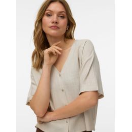 V&eacute;ro Moda Kurzarmbluse VERO MODA "VMROSIE 2/4 V-NECK SHIRT NOOS", Damen, Gr. L, moonbeam, Web, Obermaterial: 85% Viskose, 15% Leinen, unifarben, normal, V-Ausschnitt, Blusen, Viskosemischung. mit Leinen, Kurzarm