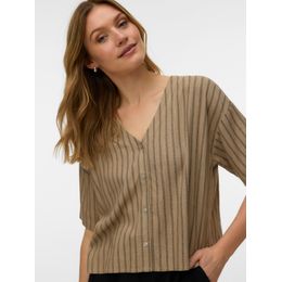 V&eacute;ro Moda Kurzarmbluse VERO MODA "VMROSIE 2/4 V-NECK SHIRT NOOS", Damen, Gr. L, silber mink stripes:schwarz pinstripes, Web, Obermaterial: 85% Viskose, 15% Leinen, gestreift, normal, V-Ausschnitt, Blusen, Viskosemischung. mit Leinen, Kurzarm