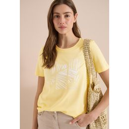 Kurzarmshirt Cecil "Style Lea", Damen, Gr. L (42), gelb (buttermilk gelb), Jersey, Obermaterial: 50% Baumwolle, 50% Modal, bedruckt, normal h&uuml;ftbedeckend, Rundhals, abgesteppte Kante, Shirts, Sommershirt mit Rundhals und Artwork