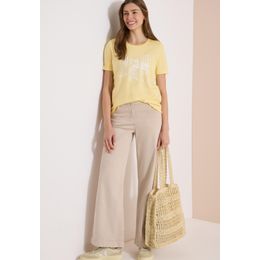 Kurzarmshirt Cecil "Style Lea", Damen, Gr. L (42), gelb (buttermilk gelb), Jersey, Obermaterial: 50% Baumwolle, 50% Modal, bedruckt, normal h&uuml;ftbedeckend, Rundhals, abgesteppte Kante, Shirts, Sommershirt mit Rundhals und Artwork