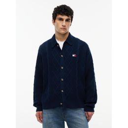 Cardigan Tommy Jeans "RELAXED STRIPE CABLE BUTTONUP", Herren, Gr. L, schwarz night navy, Strick, Obermaterial: 100% Baumwolle, unifarben, relaxed fit normal, Rundhals, eingesetzt Rippb&uuml;ndchen, Strickjacken, Relaxed fit mit Zopfstrickmuster