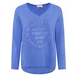 Sweatshirt Zwillingsherz "Positive Mind", Damen, Gr. L/XL, royalblau, Sweatware, Obermaterial: 70% Baumwolle, 30% Polyester, unifarben, used, l&auml;ssig geschnitten Po-bedeckend, V-Ausschnitt, Sweatshirts Sweatshirt, ausgefranster V-Ausschnitt, Used Look, Langarm, Schriftzug