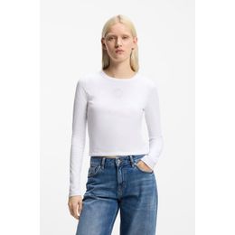 Langarmshirt Hugo "Daliriee", Damen, Gr. L (40), wei&szlig; 100, Single Jersey, Obermaterial: 94% Baumwolle, 6% Elasthan, unifarben, figurbetont taillenbedeckt, Rundhals, abgesteppte Kante, Shirts Langarmshirt, cropped, Rundhals, mit Strassbesatz
