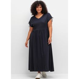 Jerseykleid sheego "Jerseykleid", Damen, Gr. 42, Normalgr&ouml;&szlig;en, blau (tiefblau), 50% Baumwolle, 50% Modal, unifarben, lang, V-Ausschnitt, Kleider Jerseykleid