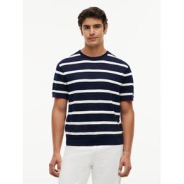 Kurzarmpullover Tommy Hilfiger "DC KNITTED TEXTURE BRETON STRIPE", Herren, Gr. L, carbon navy, wei&szlig;, Strick, Obermaterial: 100% Baumwolle, normal normal, Rundhals, Pullover