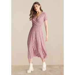 Jerseykleid Tamaris "mit tailliertem Schnitt, aus flie&szlig;ender Viskose-Qualit&auml;t", Damen, Gr. 38, N-Gr, rosa gebl&uuml;mt, Jersey, Obermaterial: 95% Viskose, 5% Elasthan, gebl&uuml;mt, figurumspielend ca. Mitte Wade, V-Ausschnitt, Kleider Jerseykleid, in Midil&auml;nge