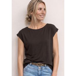 T-Shirt Street One, Damen, Gr. 40, espresso braun, Stoff, 95% Viskose, 5% Elasthan, unifarben, normal normal, U-Boot-Ausschnitt, abgesteppt, Shirts T-Shirt, aus strecthigem Viskosematerial