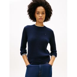 Rundhalspullover Tommy Hilfiger "CO CABLE C-NK LS SWEATER", Damen, Gr. M (38), schwarz n navy tipping, Strick, Obermaterial: 100% Baumwolle, unifarben, regular fit h&uuml;ftlang, Rundhals, Rippstrickb&uuml;ndchen, Pullover Rundhalspullover, Baumwolle, mit Zopfmuster, Regular Fit