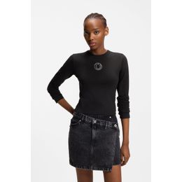 Langarmshirt Hugo "Daliriee", Damen, Gr. XL (42), schwarz 001, Single Jersey, Obermaterial: 94% Baumwolle, 6% Elasthan, unifarben, figurbetont taillenbedeckt, Rundhals, abgesteppte Kante, Shirts Langarmshirt, cropped, Rundhals, mit Strassbesatz