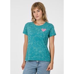 Kurzarmshirt Ragwear "MINTTA PRINT", Damen, Gr. M, teal gr&uuml;n, Jersey, Obermaterial: 100% Baumwolle, washed, normal, Rundhals, Shirts, Klassischer Fit aus Baumwolle in ausgewaschener Optik mit Herz-Print