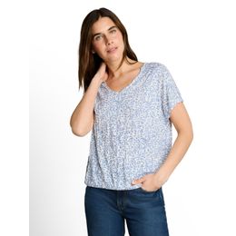 Kurzarmshirt Tom Tailor, Damen, Gr. L, wei&szlig; small leav, Web, Obermaterial: 65% Polyester, 35% Viskose, bedruckt, gemustert, normal h&uuml;ftbedeckend, V-Ausschnitt, abgerundeter Saum, Shirts, Sommershirt mit Allover-Muster und V-Ausschnitt