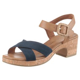 Sandalette Marco Tozzi, Damen, Gr. 41, blau (navy), Lederimitat, Textil, Veloursleder, unifarben mit Farbeinsatz, Schuhe Sandalette, Blockabsatz, Plateau, Sommerschuh, Sandale mit Feel Me-Ausstattung