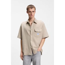 Kurzarmhemd Hugo "Ebaffino", Herren, Gr. XL, N-Gr, beige (open wei&szlig;121), Web, Obermaterial: 92% Baumwolle, 8% Polyester, unifarben, relaxed fit h&uuml;ftbedeckend, abgesteppte Kante, Hemden, mit Waffelstruktur, Relaxed Fit