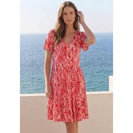 Jerseykleid Tamaris, Damen, Gr. 40, N-Gr, pink gemustert, Single Jersey, Obermaterial: 95% Viskose, 5% Elasthan, Rautenmuster, bedruckt, figurumspielend mini, V-Ausschnitt, Fl&uuml;gel&auml;rmel R&uuml;schen, Kleider Jerseykleid, mit femininen, verspielten Design, aus elastischer Viskosemischung