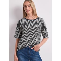 T-Shirt Street One, Damen, Gr. 34, schwarz-wei&szlig; (tiefblau), Stoff, 95% Viskose, 5% Elasthan, gemustert, normal normal, Rundhals, abgesteppt, Shirts T-Shirt, aus strecthigem Viskosematerial