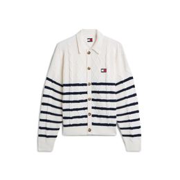 Cardigan Tommy Jeans "RELAXED STRIPE CABLE BUTTONUP", Herren, Gr. L, ancient wei&szlig; stripe, Strick, Obermaterial: 100% Baumwolle, gestreift, relaxed fit normal, Rundhals, eingesetzt Rippb&uuml;ndchen, Strickjacken, Relaxed fit mit Zopfstrickmuster