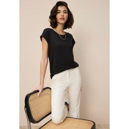 T-Shirt Tamaris "mit lockerem Schnitt, aus flie&szlig;ender Viskose-Qualit&auml;t", Damen, Gr. 42, schwarz, Single Jersey, Obermaterial: 95% Viskose, 5% Elasthan, unifarben, Basic, regular fit h&uuml;ftbedeckend, Rundhals, Aufschlag, Shirts T-Shirt, Regular Fit, mit &uuml;berlappenden Schultern, Kurzarm mit Aufschlag