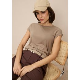 T-Shirt Tamaris "mit lockerem Schnitt, aus flie&szlig;ender Viskose-Qualit&auml;t", Damen, Gr. 34, taupe, Single Jersey, Obermaterial: 95% Viskose, 5% Elasthan, unifarben, Basic, regular fit h&uuml;ftbedeckend, Rundhals, Aufschlag, Shirts T-Shirt, Regular Fit, mit &uuml;berlappenden Schultern, Kurzarm mit Aufschlag