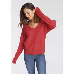 V-Ausschnitt-Pullover Tamaris "mit lockerem Schnitt, aus flie&szlig;ender Viskose-Qualit&auml;t", Damen, Gr. 36/38, orange (koralle), Feinstrick, Obermaterial: 50% Viskose, 28% Polyester, 22% Polyamid, Basic, figurumspielend h&uuml;ftlang, V-Ausschnitt, Strickb&uuml;ndchen, Pullover, mit Frontbiese