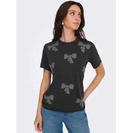 Kurzarmshirt Only "ONLLUCY LIFE S/S O-NECK TOP CC JRS", Damen, Gr. XS, schwarz detail:bows, Jersey, Obermaterial: 100% Baumwolle, bedruckt, regular fit, Rundhals, Shirts
